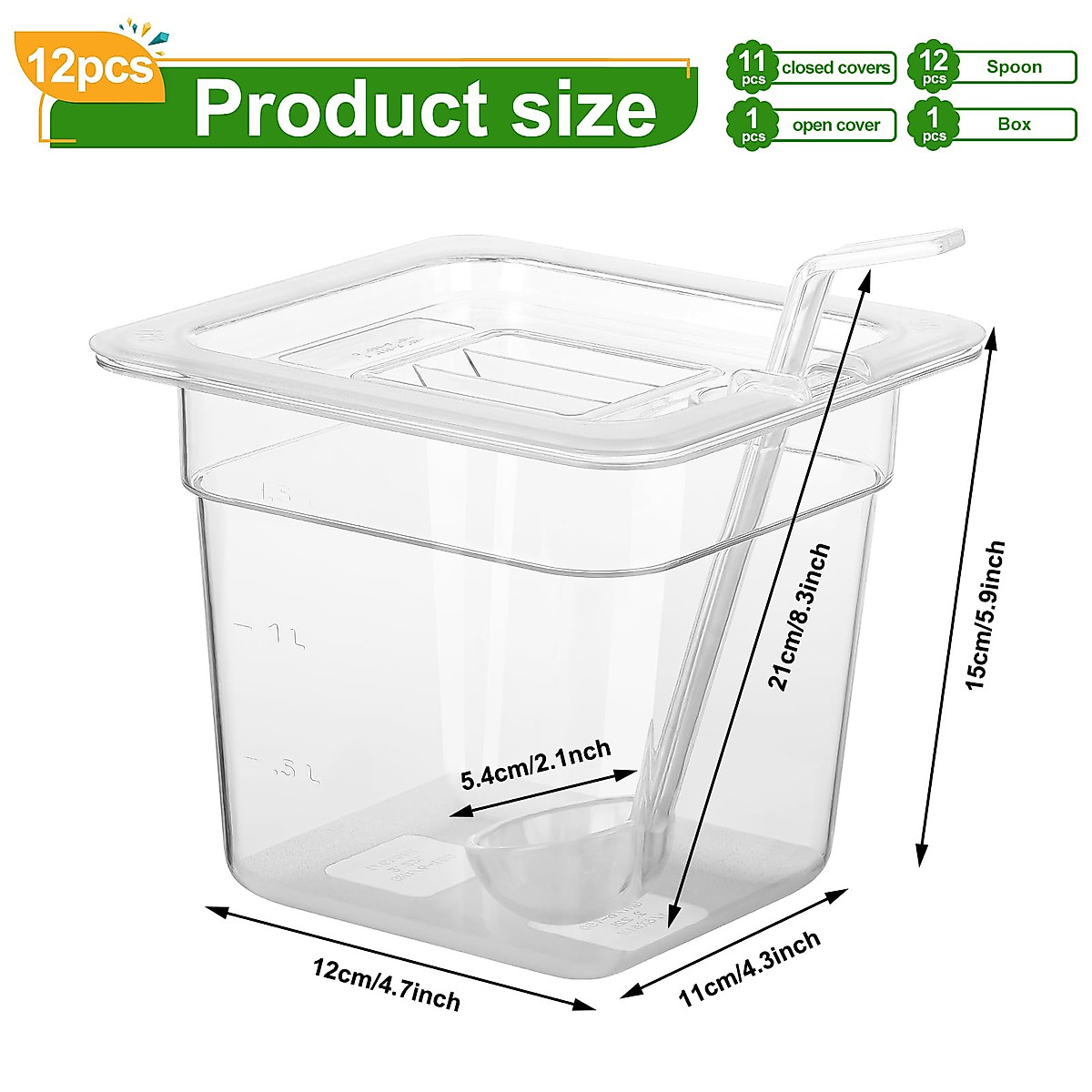 PYQTH 12 Pack Plastic Food Pan with Lids 1/6 Size 6'' Deep Restaurant Food Containers Stackable Clear Polycarbonate Commercial Hotel Pans with 1 Plastic Spoon for Fruits Vegetables