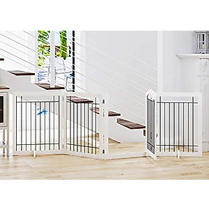 SPIRICH 96-inch Extra Wide 30-inches Tall Dog Gate with Door Walk Through, Freestanding Wire Pet Gate for The House, Doorway, Stairs, Pet Puppy Safety Fence, Support Feet Included (White)