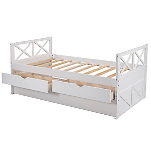 Twin Captain’s Bed, Wood Storage Daybed with Trundle and Drawers, Wooden Platform Bed with Storage for Kids Teens and Adults, White