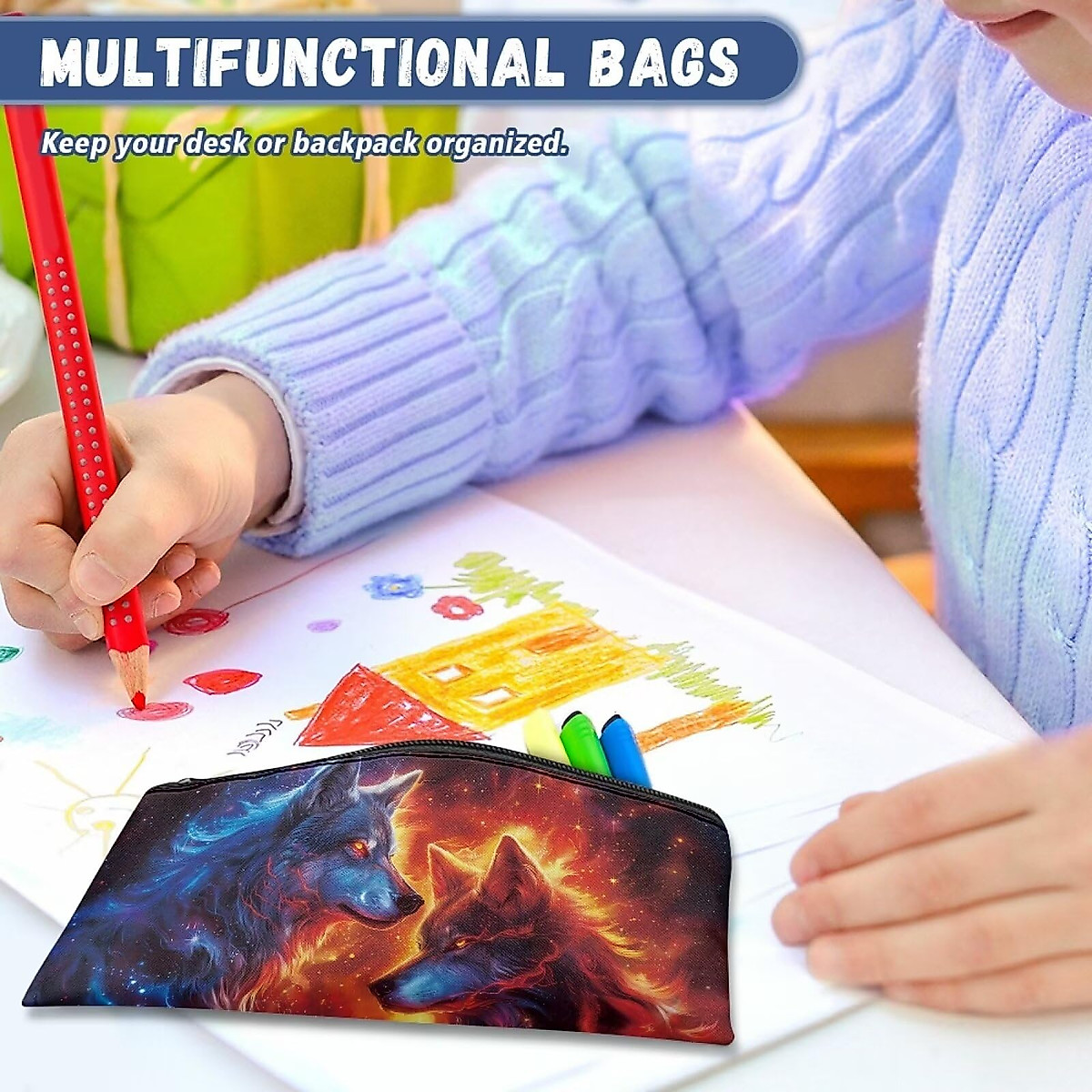 Suhoaziia Fire Flame Wolf Pencil Box Organizer for Classroom Zipper Stationery Pencil Bags Girls Boys Kids Women Men Stationery Bag School Pen Pouch for Purse Notebook Planner