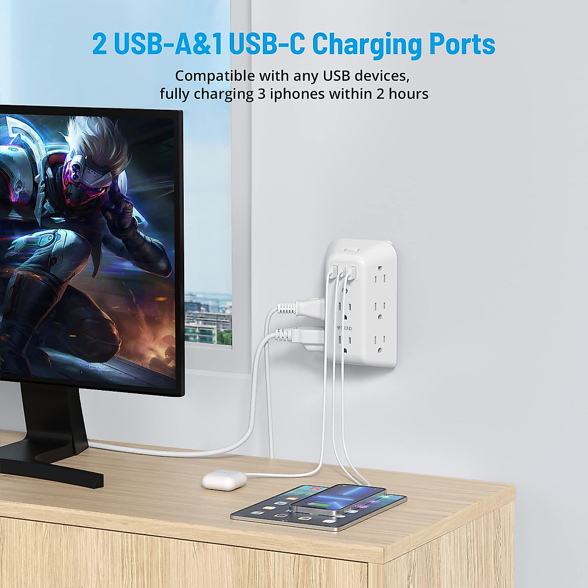 TROND Outlet Extender Surge Protector - 8 Outlet Splitter with 3 USB Ports (1 USB C), Multiple Plug Expander with ON/Off Switch, 3 Sided Multi Plug Wall Adapter Power Strip for Home Office Kitchen