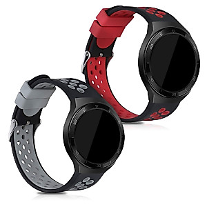 kwmobile Straps Compatible with Huawei Watch GT 2e Straps - 2x Replacement Silicone Watch Bands - Black/Red/Black/Grey