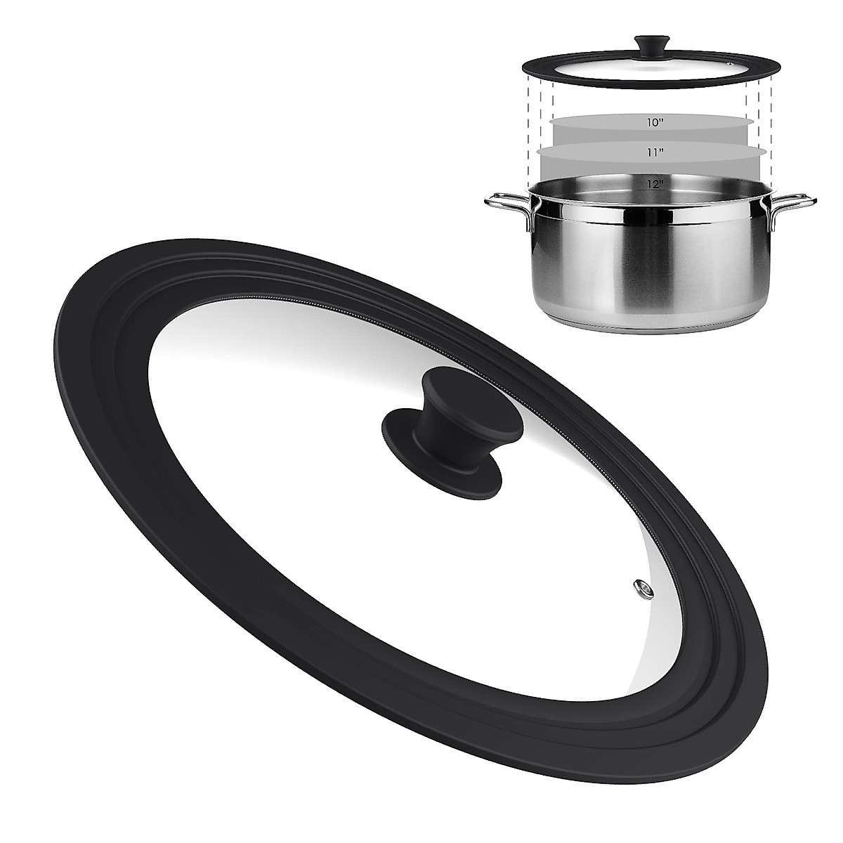 Houseables Universal Pot Lid, Pan Cover, Silicone, Tempered Glass, Black, Fits 10", 11", 12", 4mm Thick, Vented, Replacement Top for Crockpot, Cast Iron Skillet, Heat Resistant Handle, Dishwasher Safe