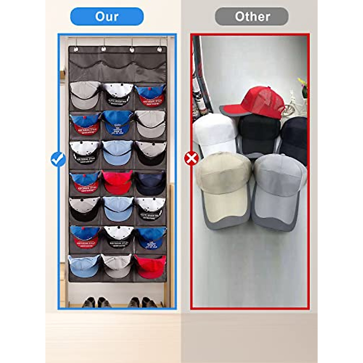 GOJUSO Hat Rack Wall Mount and 10 Adhesive Hat Hooks for Wall Over The Door with 4 Metal Hooks /4 Adhesive Hooks
