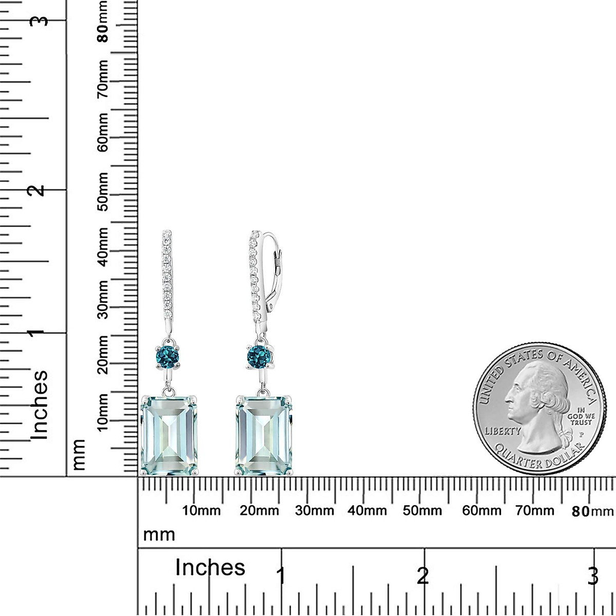 Gem Stone King 925 Sterling Silver Sky Blue Simulated Aquamarine and London Blue Topaz Dangle Earrings For Women (14.24 Cttw, Gemstone Birthstone, Emerald Cut 14X10MM)