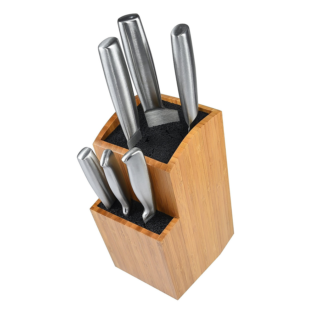 Bamboo Universal Knife Block - Extra Large Two-tiered Slotless Wooden Knife Stand, Organizer & Holder - Convenient Safe Storage for Large & Small Knives & Utensils - Easy to Clean Removable Bristles