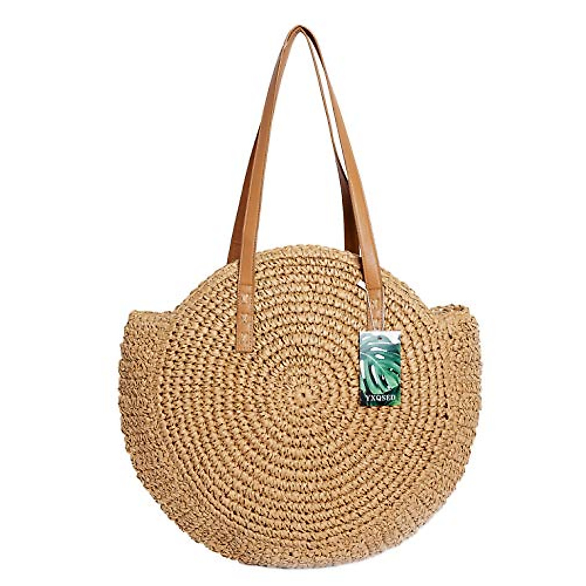 YXQSED Round Woven Bag - Summer Beach Bags Straw Handwoven Singleshoulder with Leather Handles，Zipper（Khaki） L