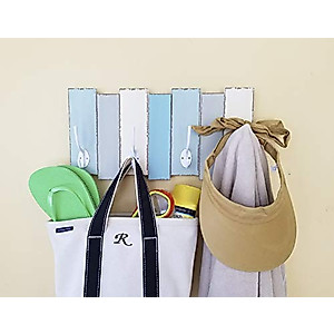 Tumbler Home Beachy Wood Wall Rack-4 Double Metal Hooks-Distressed Beach Decor Finish 16 inch x 8 inch