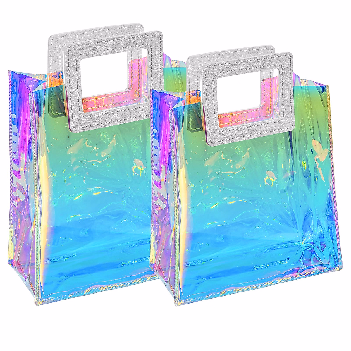 Holographic Small Gift Bags 2 Pack 7.9 * 7.1 * 3.9 Inch with Handles for Women, Girls, Birthday, Christmas, Bachelorette Party Favors, Shopping Reusable Clear Gift Wrap Bag