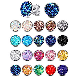 Yaomiao 20 Pairs Round Stud Earrings Stainless Steel Druzy Stud Earrings Set Anti Sensitive Fits Women Men Birthday Gift(8 mm)