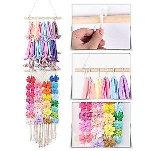 Headband and Hair Bows Holder Macrame Bow Organizer for Girls Hair Bows, Hair Bow Organizer Baby Headband Holder Hair Clip Organizer with 60 Plastic Hooks for Door Boho Wall Room, 13 x 50 Inch (White)
