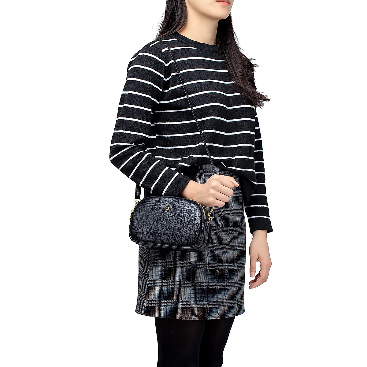 Triple Zip Small Crossbody Bags Genuine Leather Shoulder Handbags Trendy Design Cellphone Purses for Women and Girls(black)