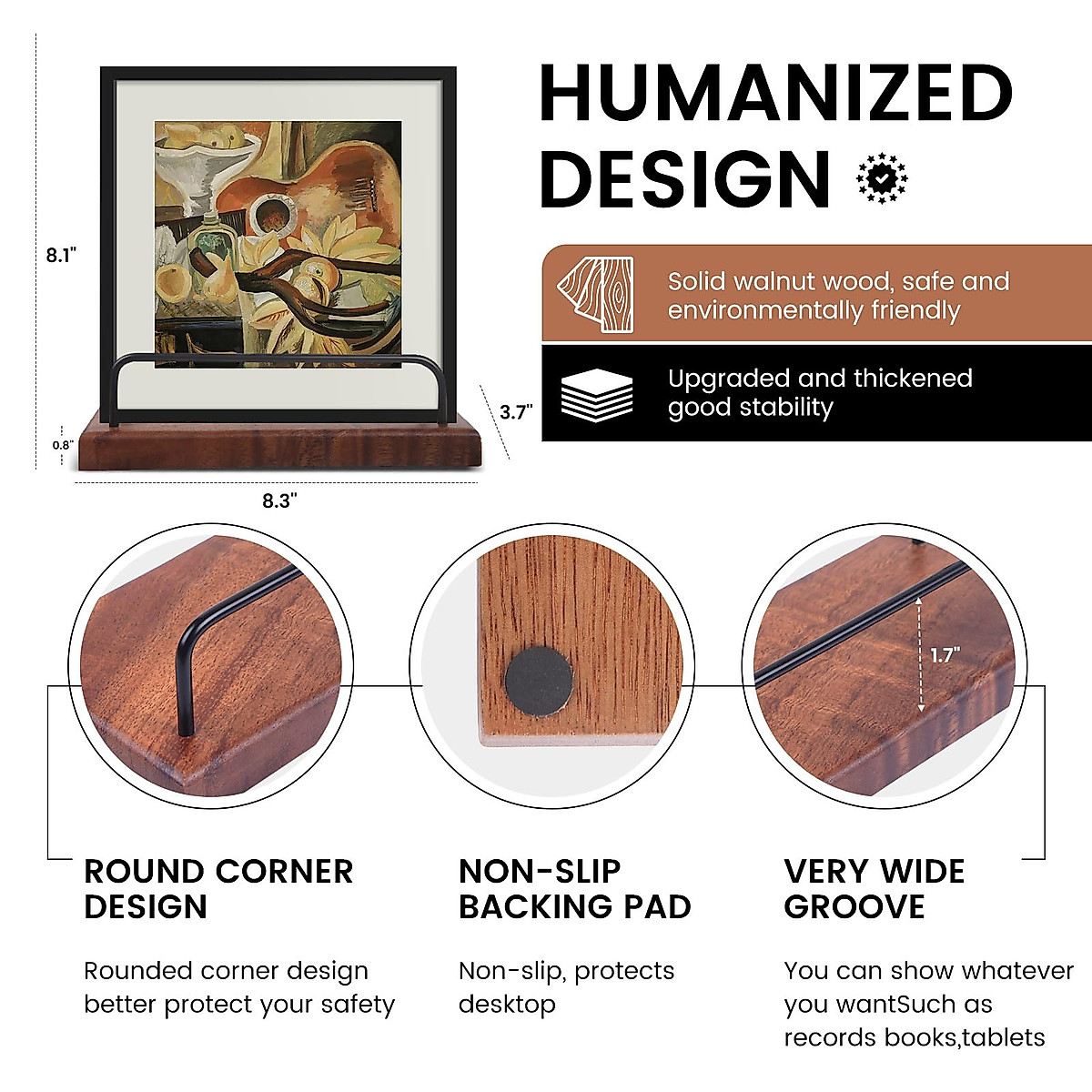 Aomomery Now Playing Vinyl Record Holder, Solid Wood Stand, Tabletop Display for Albums, CDs, iPads, Singles and LPs (Walnut)