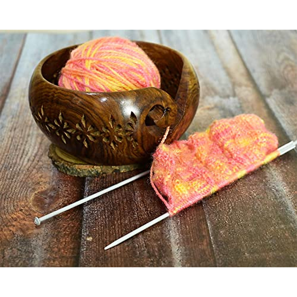 Ajuny Handmade Large Wooden Yarn Bowl Wool Ball Holder with Elegant Design Gifts 7x3 Inch