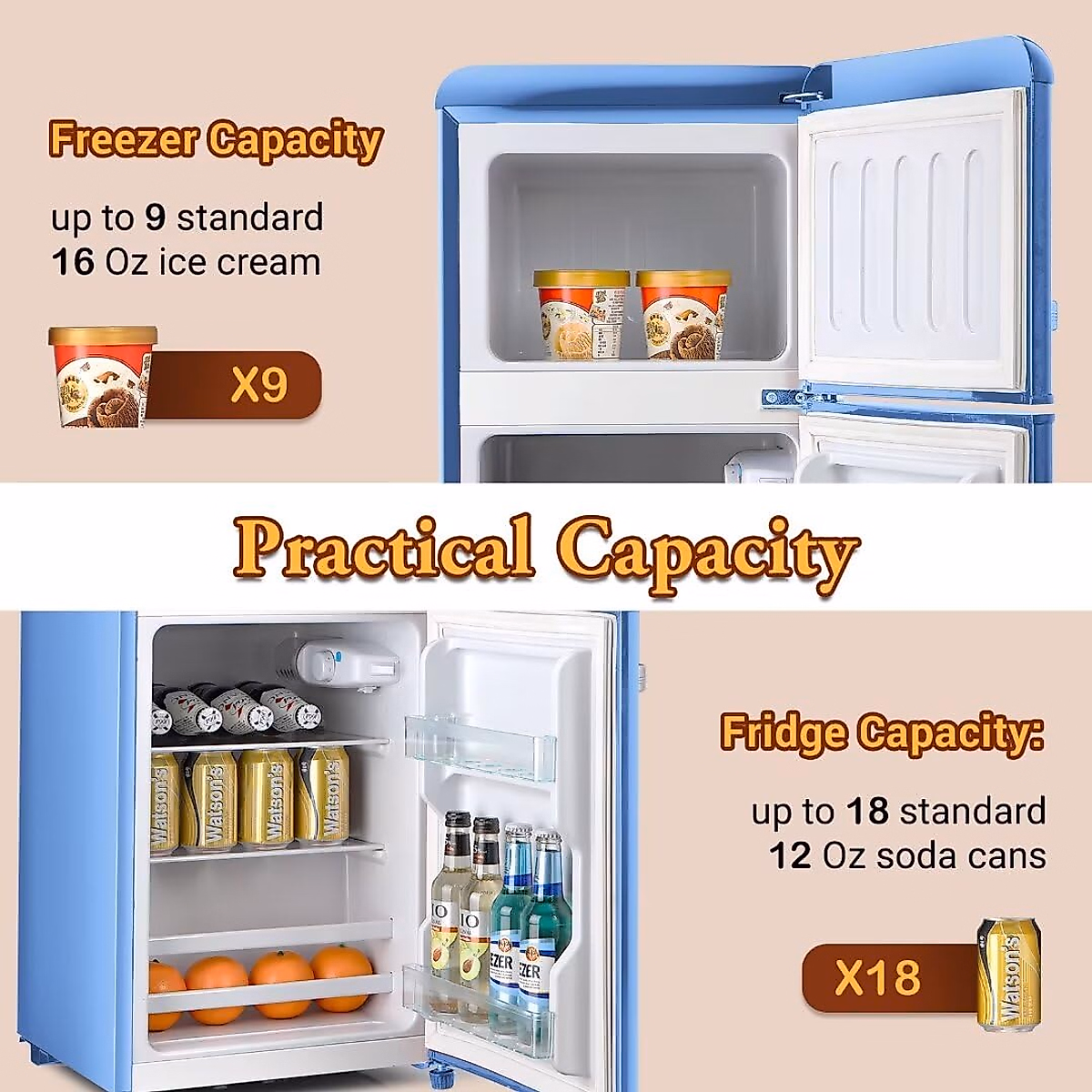 OOTDAY Retro Mini Refrigerator, 4 Cu. Ft. Small Fridge with Freezer, 2-Door Retro Compact Refrigerator with Adjustable Thermostat,Removable Shelves for Bedroom,Kitchen,Office,Dorm(Blue)