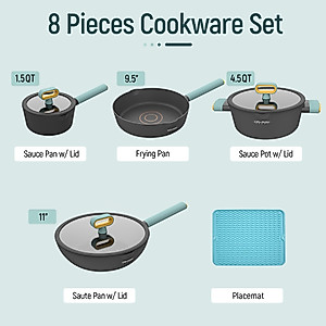 Leetaltree Nonstick Pots and Pans - 8 PC Glacier Blue Cookware Set with Lids, Cooking set with Silicone Spill-proof Lid Edge, Patented Precision Oil Control, Dishwasher Safe