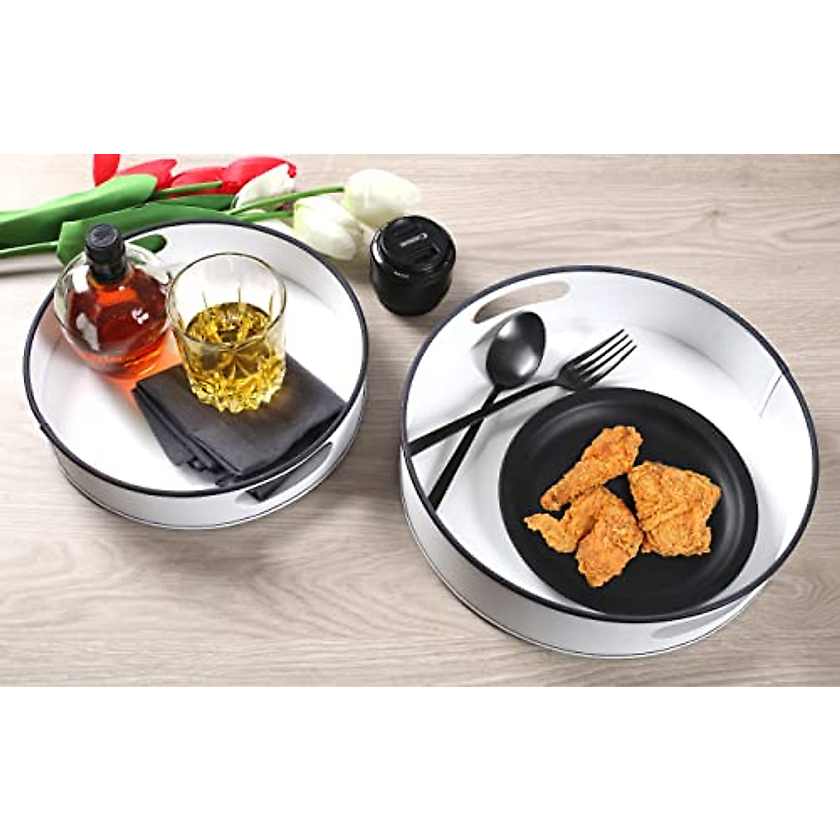 Decorative Coffee Table Tray,Galvanized Round Serving Tray for Living Room, Round Metal Tray for Ottoman or Side Table, Charcuterie Board or Cheese Platter,Set of 2 Countertop Fruit Tray Baskets