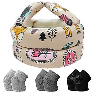 IULONEE Toddler Infant Helmet & Baby Knee Pads 3 Pairs, No Bump Safety Head Cushion Bumper Bonnet Adjustable Protective Cap Breathable Mesh Child Safety Hat for Running Walking Crawling (Pink Forest)