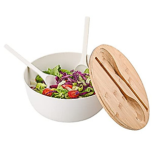 LOVYANXUE Bamboo Salad Bowl with Lid, 9.8Inches Large Salad Bowl with Lid Spoon Fork, Salad Mixing Bowls and 4 Small Bowls, Salad Serving Bowl Set for Salad, Fruits, Vegetables