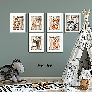 Woodland Nursery Decor for Boys - Animal Pictures Wall Art - Baby Room Animal Prints on Shiplap Background - Bear Deer Fox Raccoon Owl Squirrel Decor - Set of 6 PRINTS - 8x10 - UNFRAMED