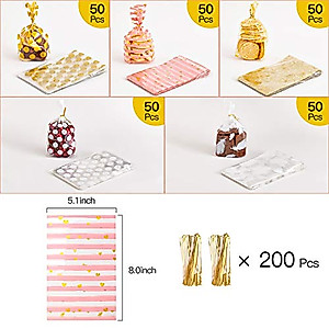 150 Pcs 5 in x 9 in Mixed 5 Printed Flat Cello Cellophane Treat Bags for Bakery Cookies Sweets Snacks Candies Dessert 30 Pcs for Each Color 200 Gold Twist Ties