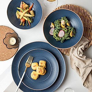 Arora RINGAR Round Stoneware 16pc Double Bowl Dinnerware Set for 4, Dinner Plates, Side Plates, Cereal Bowls, Pasta Bowls - Speckle Matte Blue (420796)