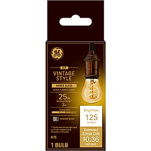 GE Lighting Vintage Style LED Light Bulb, 3 Watts (25 Watt Equivalent) Warm Candle Light, Amber Glass, Medium Base, Dimmable (1 Pack)
