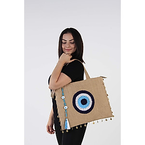 KarensLine Handmade Evil Eye Beach Bags Eco Friendly Bags Shoulder Bag Women Zipper Closure Wipeable Inner Lining