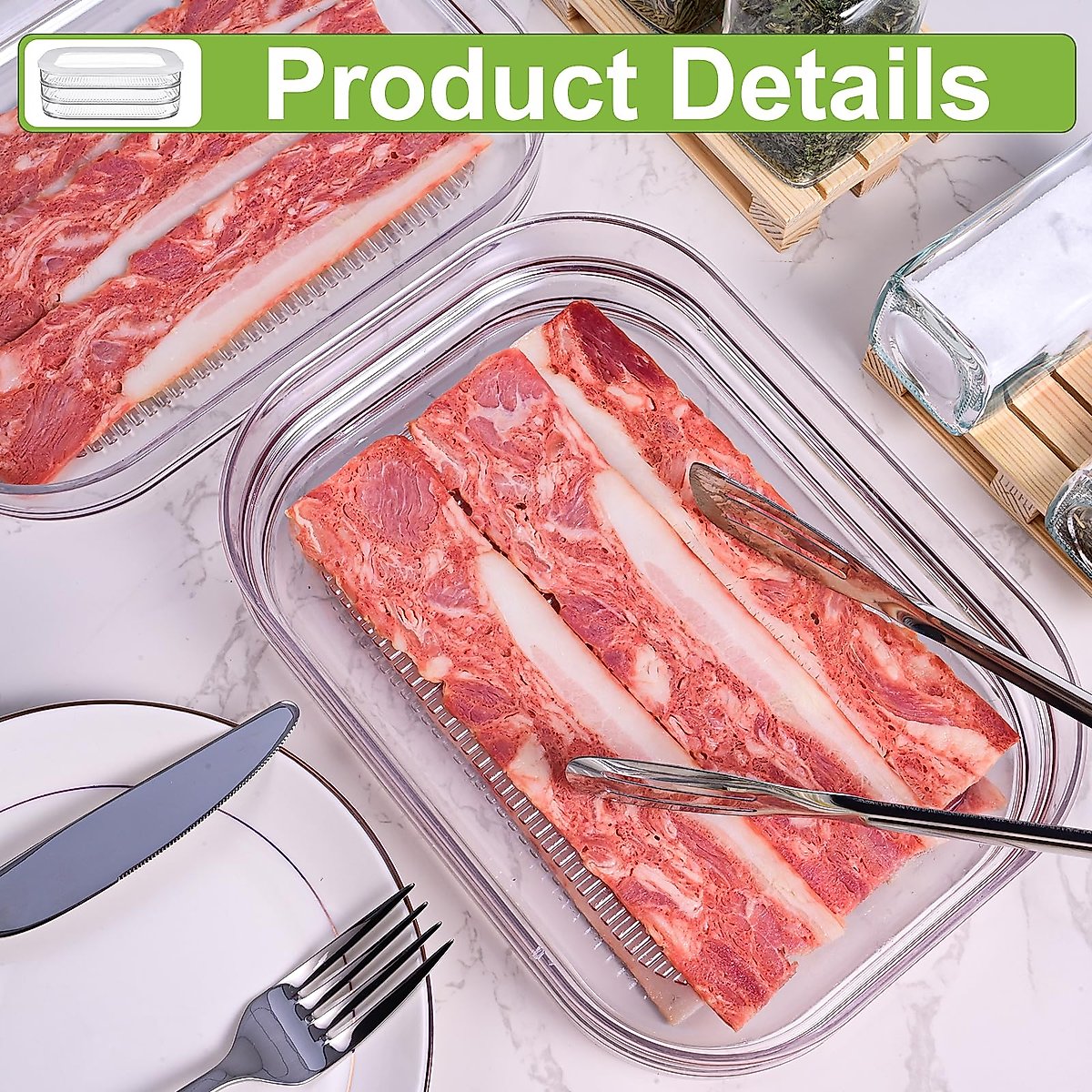 JolliKids 2 Pack Deli Meat Container for Fridge, Organizer Bacon Containers for Refrigerator, Stackable Food Storage Boxes with Lids and Food Tongs for Lunchmeat, Cold Cuts, Salami, BPA Free