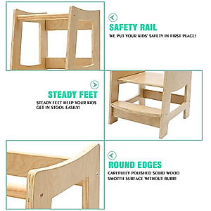 EGREE Toddlers Kitchen Step Stool with Safety Rail Kids Wooden Standing Tower for Kitchen Counter and Bathroom Sink, 3 Heights Adjustable Step Up Stool Mothers' Helper, Solid Wood Construction, White