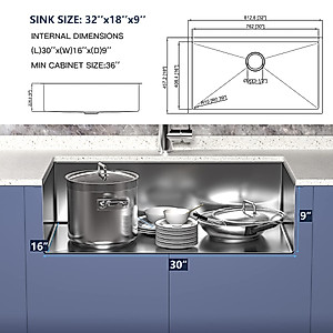 KitchenMan Kitchen Sink 32 inch Undermount Stainless Steel Kitchen Sink 16 Gauge Single Bowl Kitchen Sink, Fits 36" Cabinet