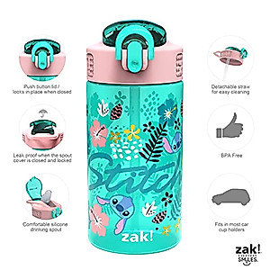 Zak Designs Kids Durable Plastic Spout Cover and Built-in Carrying Loop, Leak-Proof Water Design for Travel, (16oz, 2pc Set), Lilo and Stitch 2pk