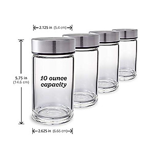 Juice Bottles - 4 Pack Wide Mouth Glass Bottles with Lids - for Juicing, Smoothies, Infused Water, Beverage Storage - 10oz, BPA Free, Stainless Steel Lids, Leakproof, Reusable, Borosilicate