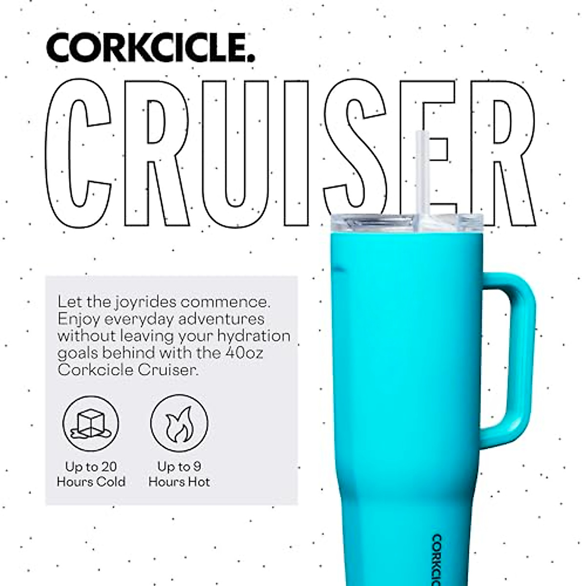 Corkcicle Cruiser Insulated Tumbler with Handle and Straw, Capri Blue, 40 oz – Reusable Water Bottle Keeps Beverages Cold for 20 Hours, Hot for 9 Hours – Cupholder Friendly, Spill Proof Tumbler