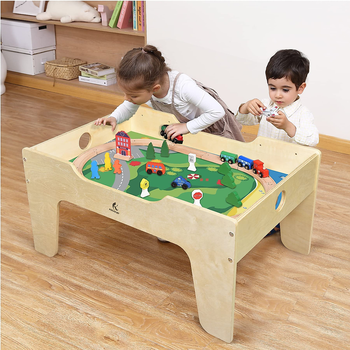 KRAND Kid's Multi-Purpose Activity Play Table with 60 Big Building Bricks and 30-Piece Wooden Train Set for Toddlers(Big-peg Baseplate Version)