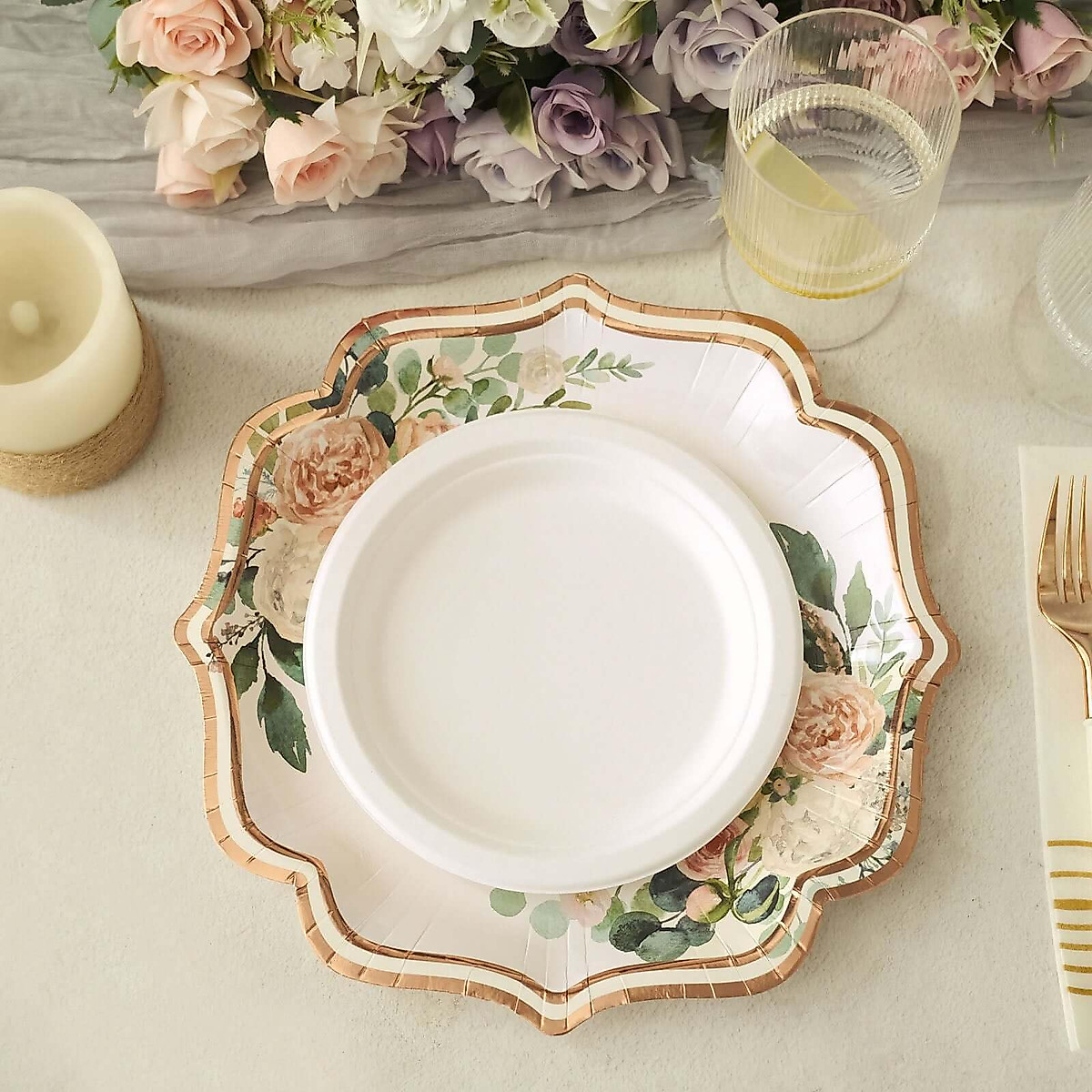 Efavormart 25 Pack | Floral 10" Scallop Rim Dinner Party Paper Plates, Disposable Plates - 300 GSM