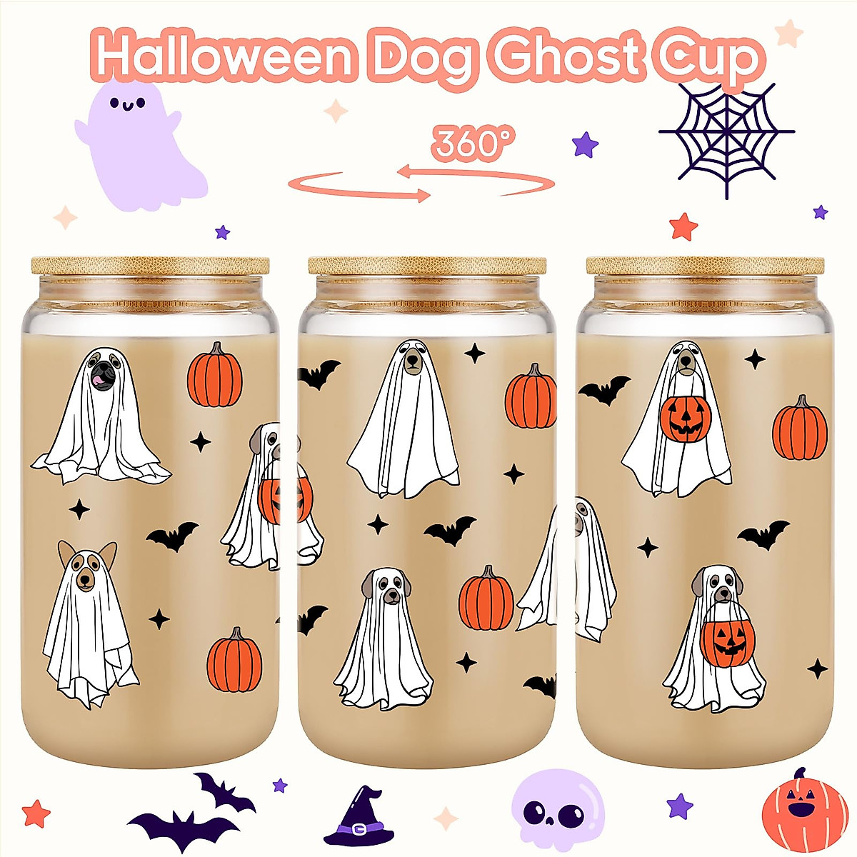 Coolife Funny Halloween Dog Ghost Cup, Cute Pumpkin Dog Iced Coffee Cup, 16oz Spooky Dog Tumbler Halloween Glass Cups w/Lids Straws, Boo Basket Stuffers, Halloween Gifts for Dog Lover, Dog Mom, Women