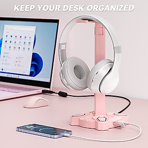 KDD Headphone Stand with Light Modes - Rotatable Pink Game Headset Holder with 3.5mm AUX & 2 USB Port - Suitable for PC Desk Accessories Gamers Gift(Pink)