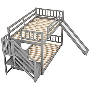 Merax Twin Over Twin Bunk Bed with Convertible Slide and Stairway, No Box Spring Needed, Grey