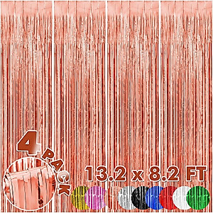 4-Pack Backdrop for Party Decorations, Foil Fringe Backdrop Curtains, Tinsel Streamers for Birthday Party Decorations, Rose Gold Tinsel Curtain for Graduation Mermaid Baby Shower New Year Prom Parties