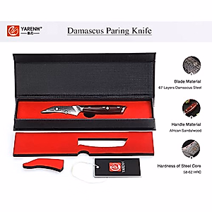 YARENH Bird's Beak Paring Knife - 67-Layer Damascus Steel - Super Sharp Blade for Peeling Fruit - African Sandalwood Handle
