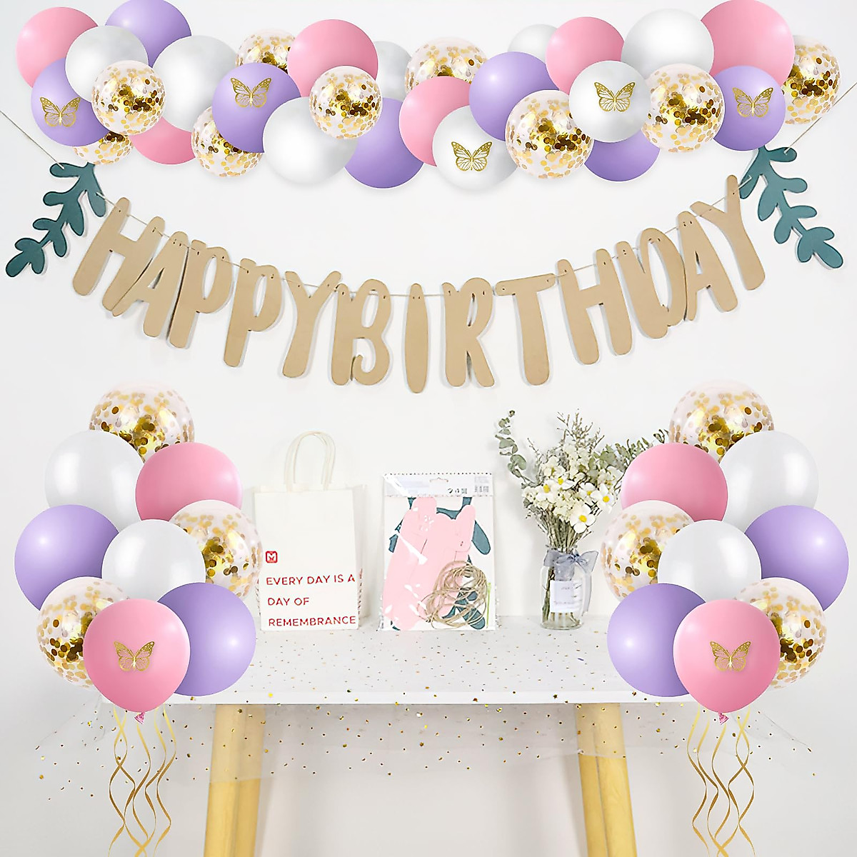 Pink Purple White Latex Balloons with Gold 3D Butterfly, 62pcs 12 Inch Light Pink Purple Gold Confetti Party Balloons with Ribbon for Girl Birthday Baby Shower Decorations (Gold series)