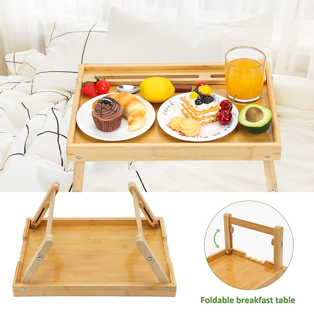 Moretoes 2pcs Bed Tray Table for Eating, Bamboo Breakfast Food Tray with Adjustable Folding Legs and Phone Holders for Sofa Laptop Desk Snack Tray