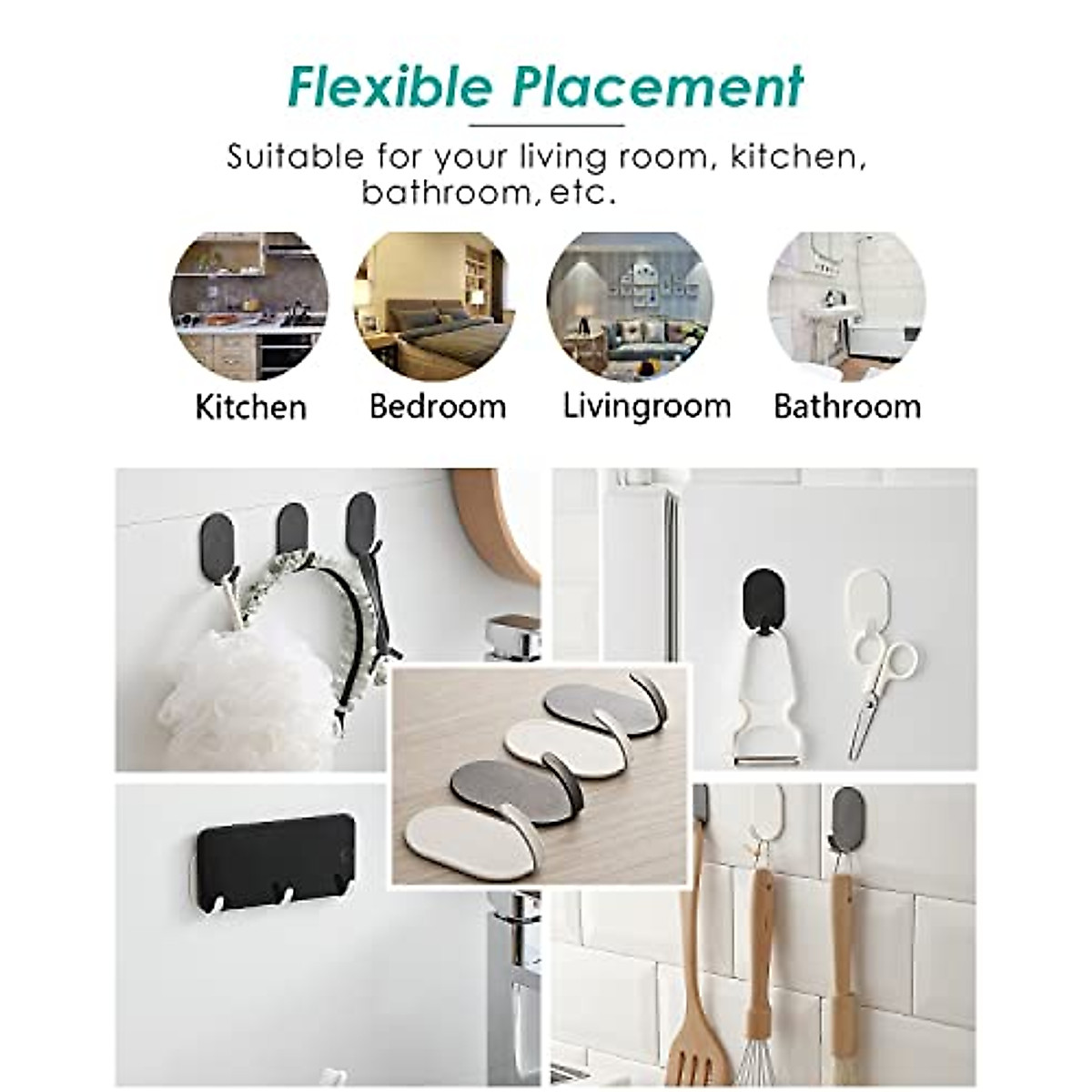 JIELAIMI Self Adhesive Hooks White, 10 Pack Sticky Hooks Extra Strong for Kitchen, Bathroom, Sink - Waterproof Carbon Steel Stick Hanger on Towel Hooks