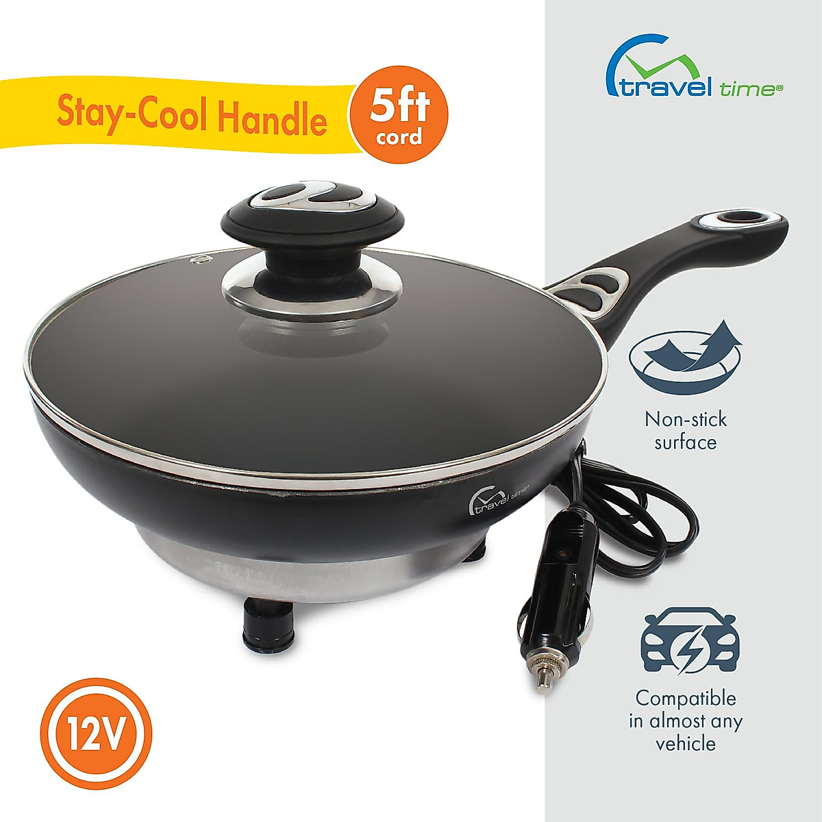 Travel Time 12V Cooking Pan with Cover – Universal for Most Vehicles, Non-Stick Surface, Stay-Cool Handle, On-the-Go Cooking, Small Cooking Appliance