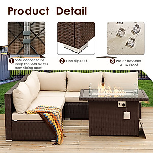 RADIATA PE Wicker Patio Furniture Set Sectional High Back Large Size Sofa Sets with Propane Fire Pit Table 55000 BTU Balcony Rattan Lounge Conversation Sets for Outdoor (6 Pieces,Brown)