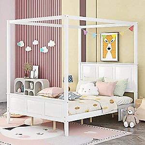 CITYLIGHT Canopy Bed with Headboard & Footboard,Wooden Canopy Bed Frame Queen , Queen Platform Bed Frame with Slat Support Legs for Teens Adults, No Box Spring Needed (Queen ,White)