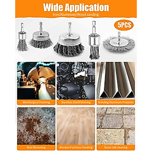 WENHUALI 5 Pcs Drill Wire Brush Set, Heavy Duty Wire Brush Wheel for Drill, 1/4'' Hex Shank Wire Brush Drill Attachments Coarse Carbon Steel Crimped, Great for Cleaning Rust, Paint, Abrasive