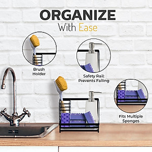 Aristeia Home Kitchen Sink Caddy Organizer - Stainless Steel Kitchen Sink Organizer with Drip Tray, Versatile Sponge Caddy for Kitchen Sink with Scrub Brush Included - Black
