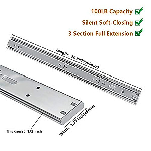 LONTAN 10 Pairs Soft Close Drawer Slides 20in SL4502S3-20 Ball Bearing and Full Extension Dresser Drawer Slides 100lb Capacity Heavy Duty Drawer Slides for Cabinet